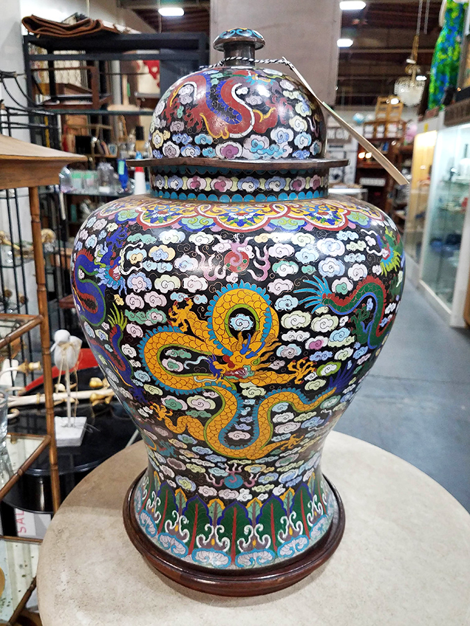 This cloisonn&eacute; vase features dragons that look ready to guard your living room with more authority than any home security system.