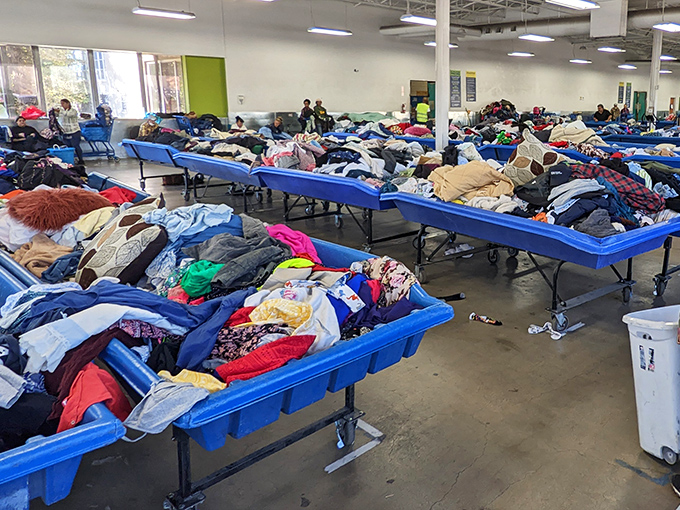 The clothing section resembles a textile ocean – waves of fabrics from every era waiting for someone to rescue that perfect sweater from fashion purgatory.