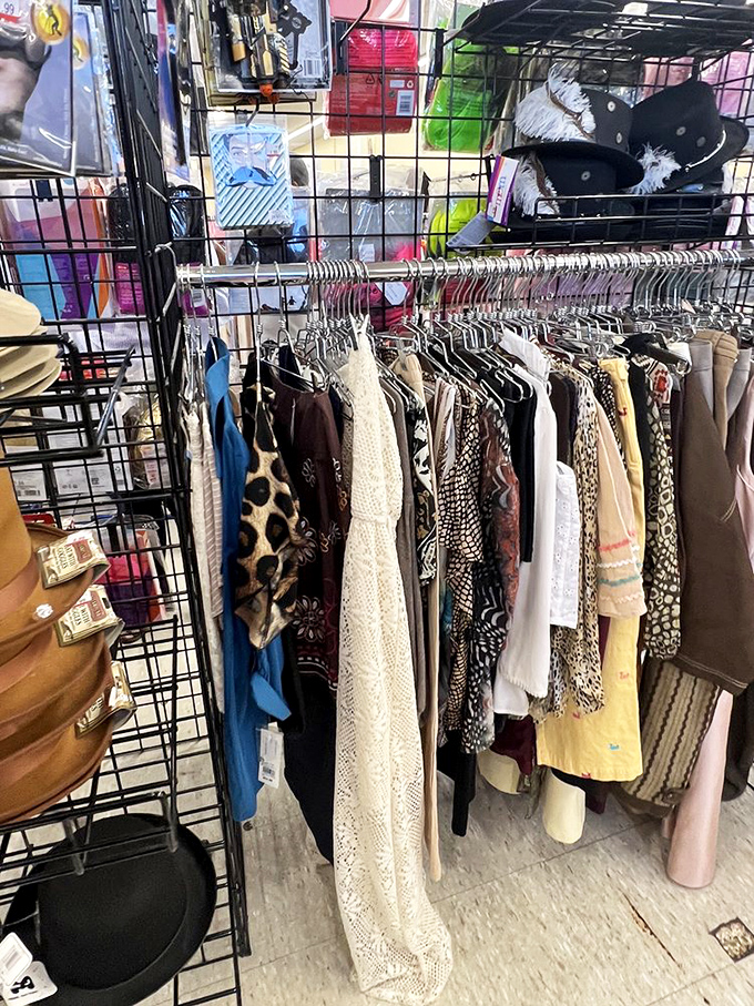 Fashion archaeology at its finest&mdash;each rack tells a story, with vintage lace dresses hanging alongside contemporary styles in a democratic display.