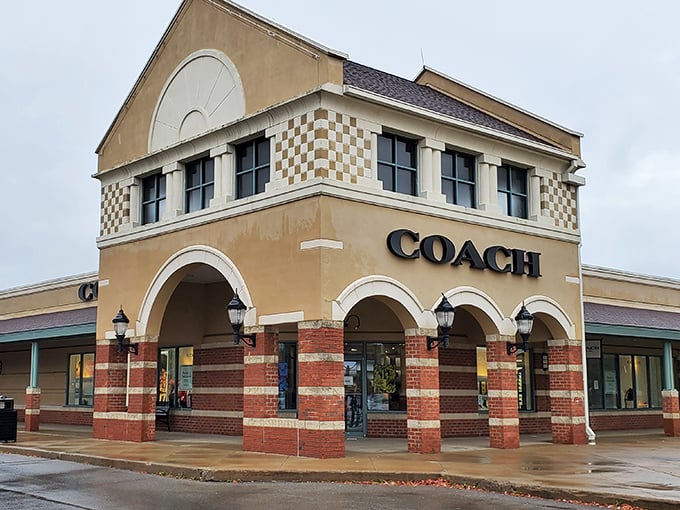 The Coach store beckons with its distinctive architecture and promise of luxury leather goods that won't require a second mortgage. Window shopping quickly becomes actual shopping here.
