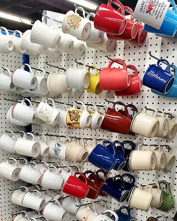 Mug paradise for the caffeine connoisseur! Each ceramic vessel once warmed someone's hands on a rainy Bellingham morning&mdash;now awaiting its second act.