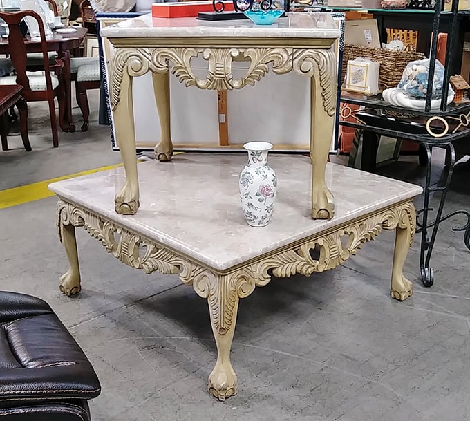 Ornate elegance meets bargain hunting. This carved coffee table would cost a small fortune new, but here it's practically giving itself away.