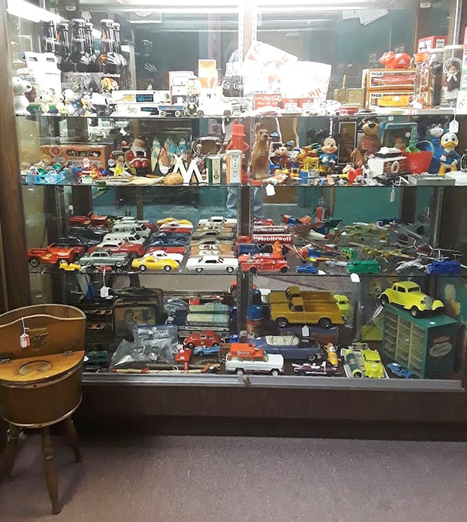 Toy heaven or organized chaos? This display case proves that yesterday's playthings become today's collectibles and tomorrow's conversation pieces.