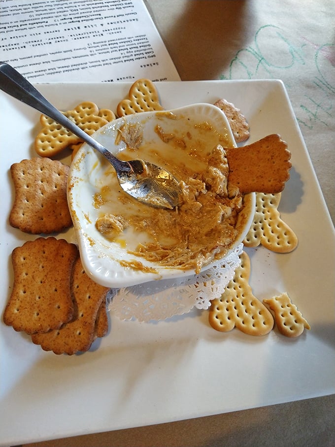 The Depot Grille's creamy crab dip, nearly devoured with assorted crackers &ndash; a popular starter that disappears faster than a departing train.