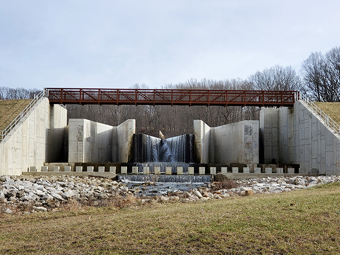 This spillway might be the most dramatic structure in the park&mdash;concrete and rushing water creating an unexpected architectural statement.