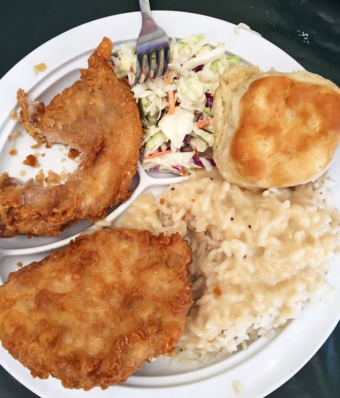 Southern cooking doesn't need fancy plating when it tastes this good. That golden-fried perfection, creamy rice, and fluffy biscuit speak a universal language.