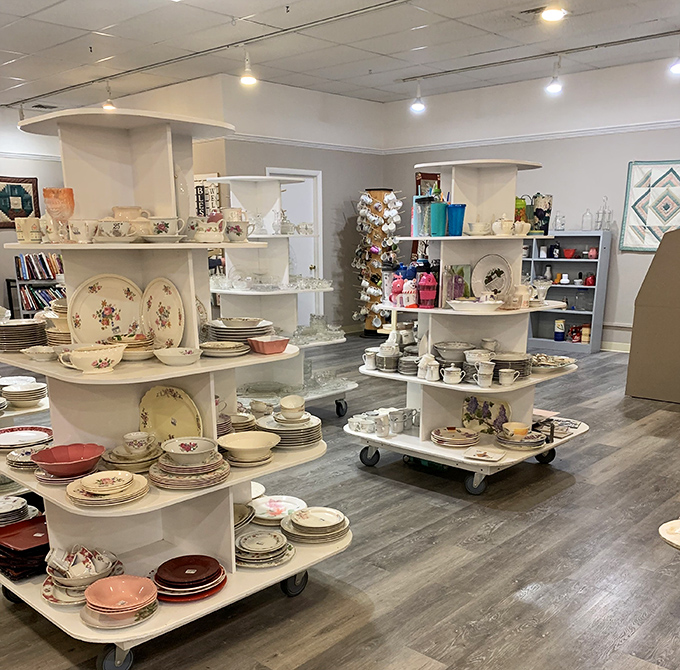 Dish paradise! Patterns your grandmother cherished arranged with such care you'd think Martha Stewart herself organized this porcelain wonderland.