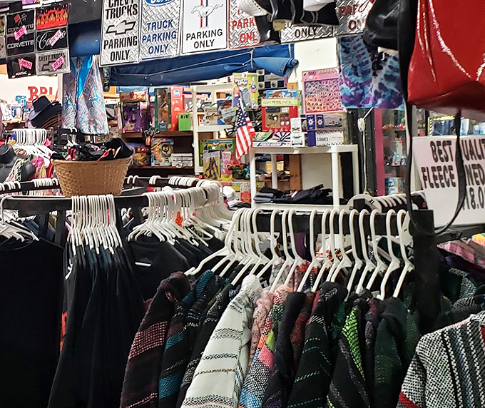 A shopper's paradise where organization meets chaos. Vintage clothing, novelty signs, and Americana collectibles create the perfect storm of "I didn't know I needed that!"