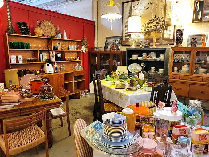 Mid-century dining dreams come alive in this carefully curated vignette. That Fiestaware collection alone could make your grandmother weep with joy.