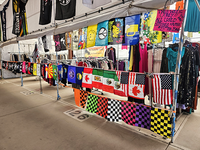 A kaleidoscope of flags and fabrics creates a vibrant tapestry of choices that would make any decorator's heart skip.