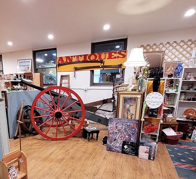 Where wagon wheels meet fine china. Only in an antique store can rustic Americana and elegant dining share the same spotlight.