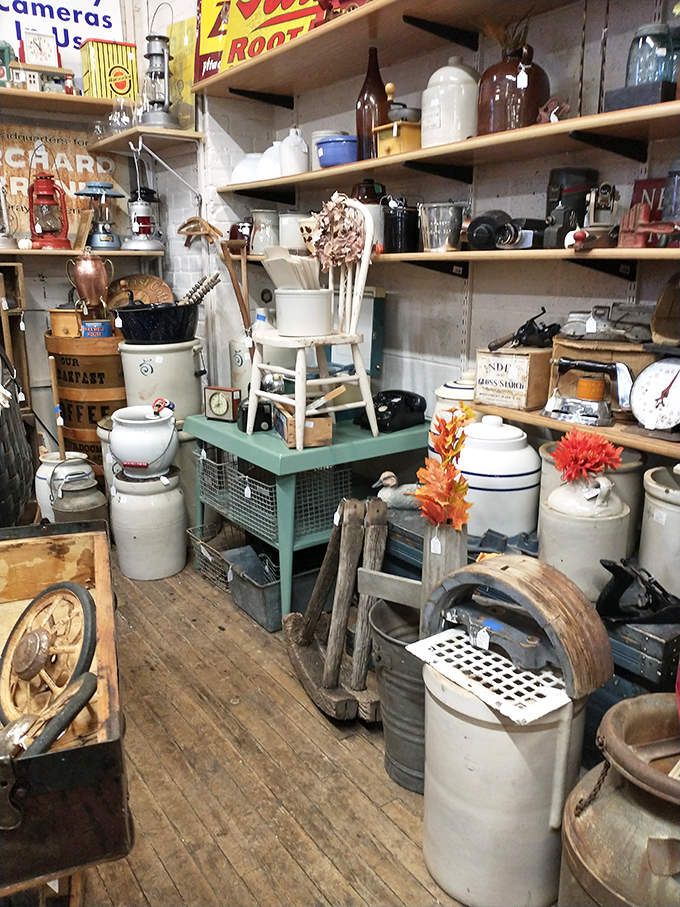 Farmhouse chic meets pioneer practicality in this corner where cream-colored crocks and weathered wood tell stories of North Dakota's past.