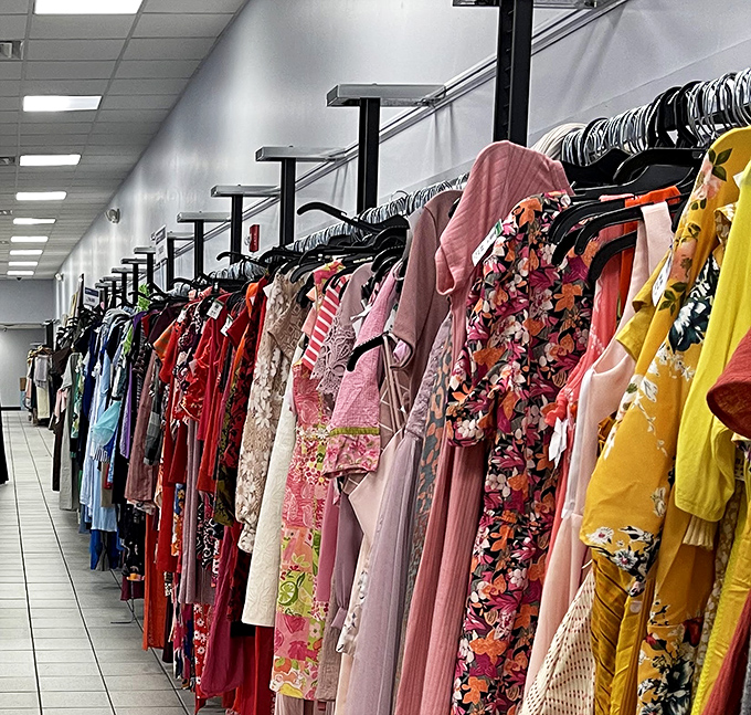 The women's clothing section stretches toward the horizon, a textile sea where yesterday's fashion finds new admirers and second chances.