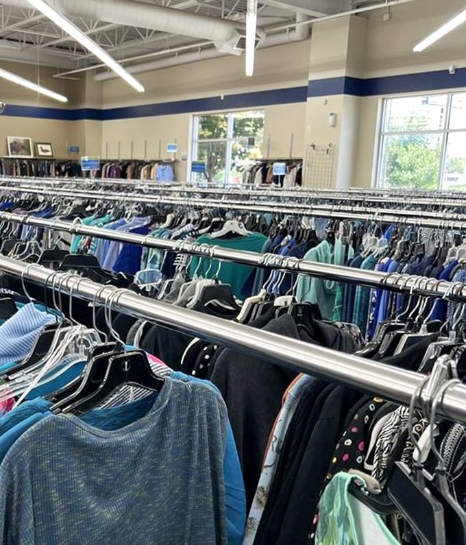 Color-coded clothing racks stretch toward the horizon. The thrill of the hunt is knowing tomorrow's favorite shirt is hiding somewhere in plain sight.