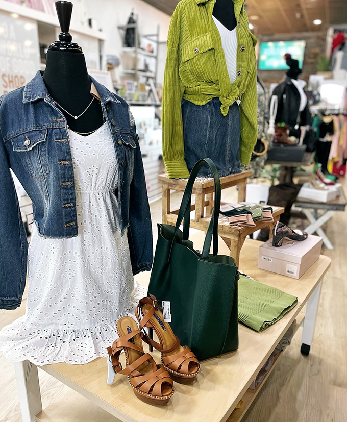 Fashion vignettes that tell stories: a breezy white eyelet dress, lime corduroy shirt, and leather sandals create ready-to-wear outfits without the retail markup.