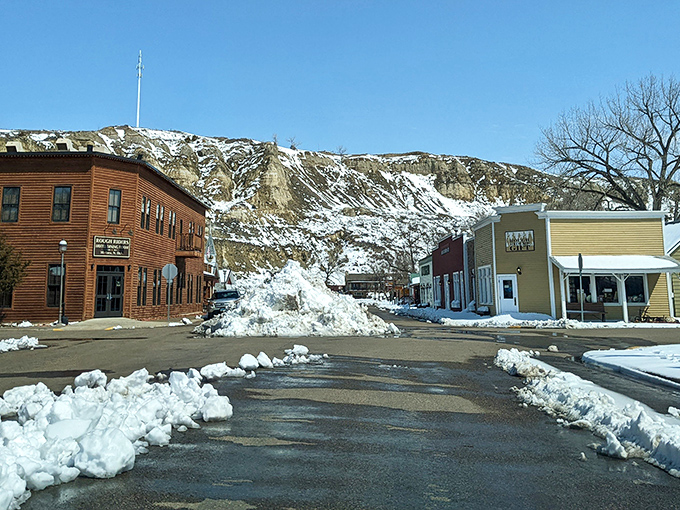 Winter transforms downtown Medora into a snow-dusted Western movie set that would make John Wayne feel right at home.