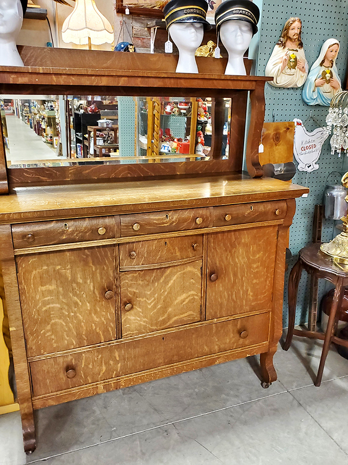 This tiger oak dresser with beveled mirror isn't just furniture&mdash;it's a portal to mornings from another century. Grandma would approve.