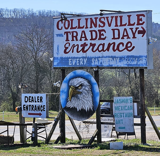 The entrance sign promises adventure with that magnificent eagle standing guard. It's like the pearly gates for people whose idea of heaven involves haggling.
