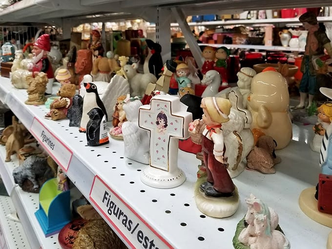 The figurine aisle: where ceramic angels, porcelain memories, and that inexplicable troll doll your grandmother owned find their second acts.