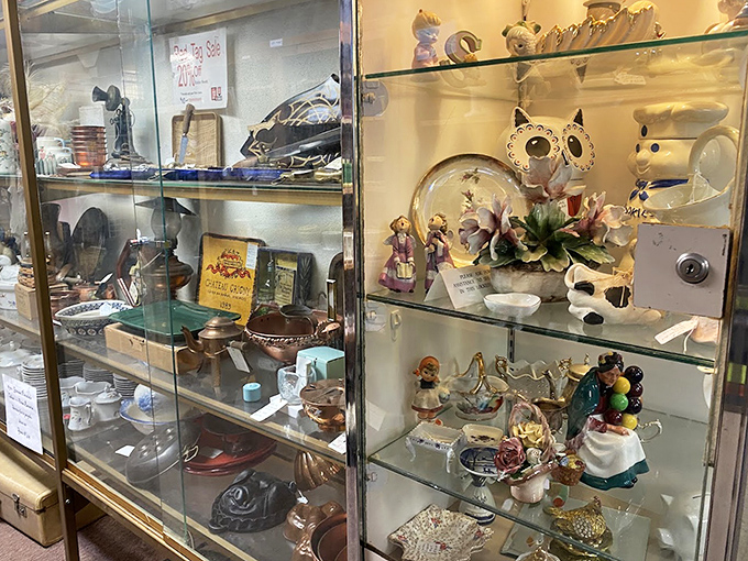Behind glass, tiny figurines and collectibles stand frozen in time, waiting for someone new to appreciate their delicate charm.
