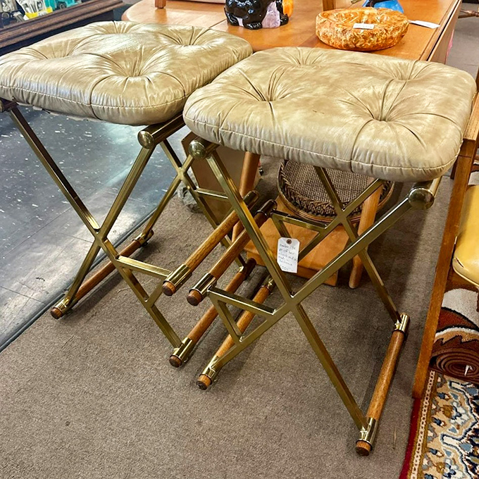 These tufted leather folding stools scream "sophisticated cocktail party circa 1965" &ndash; just add martinis and conversations about the space race.