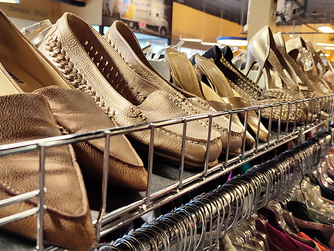 Golden shoes lined up like chorus girls, each pair waiting for their second act on new feet.