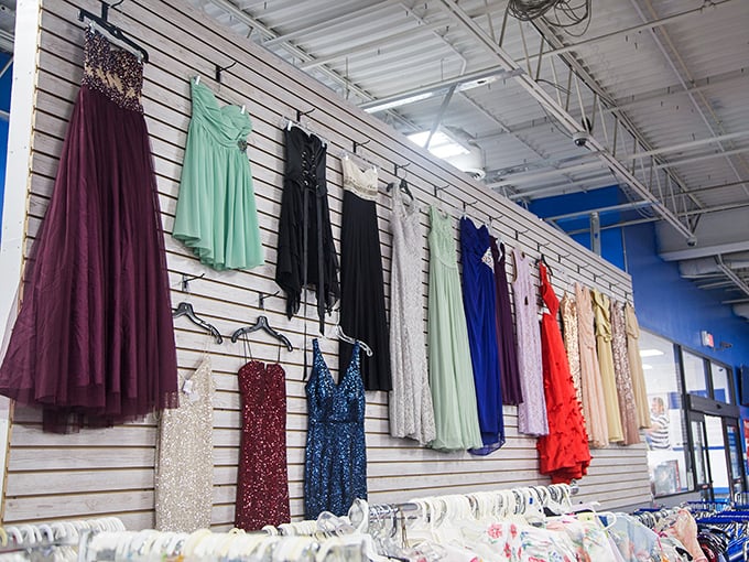 Formal wear hanging like colorful promises &ndash; someone's prom night becomes your next gala triumph.