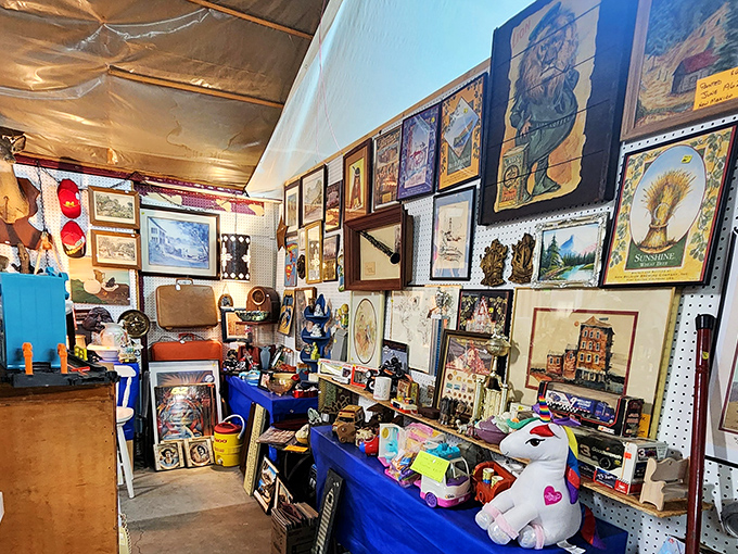 Where nostalgia meets wall space. This vendor's collection of framed treasures ranges from whimsical unicorns to vintage advertisements.