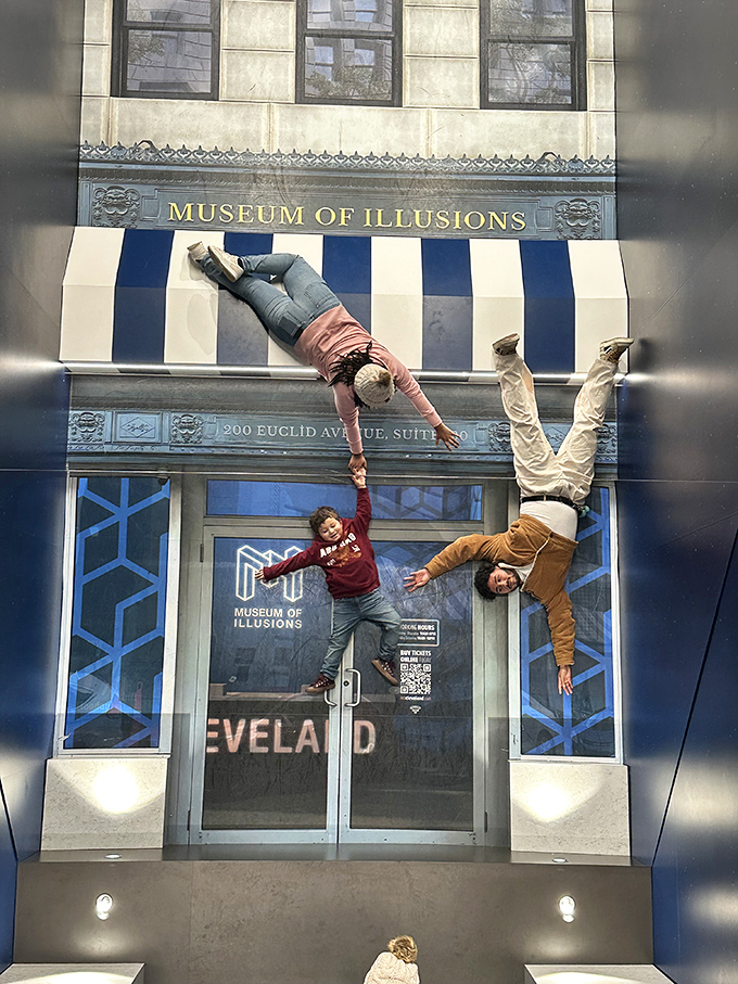 Gravity-defying poses outside the Museum of Illusions prove that in Cleveland, even the laws of physics take a vacation. 