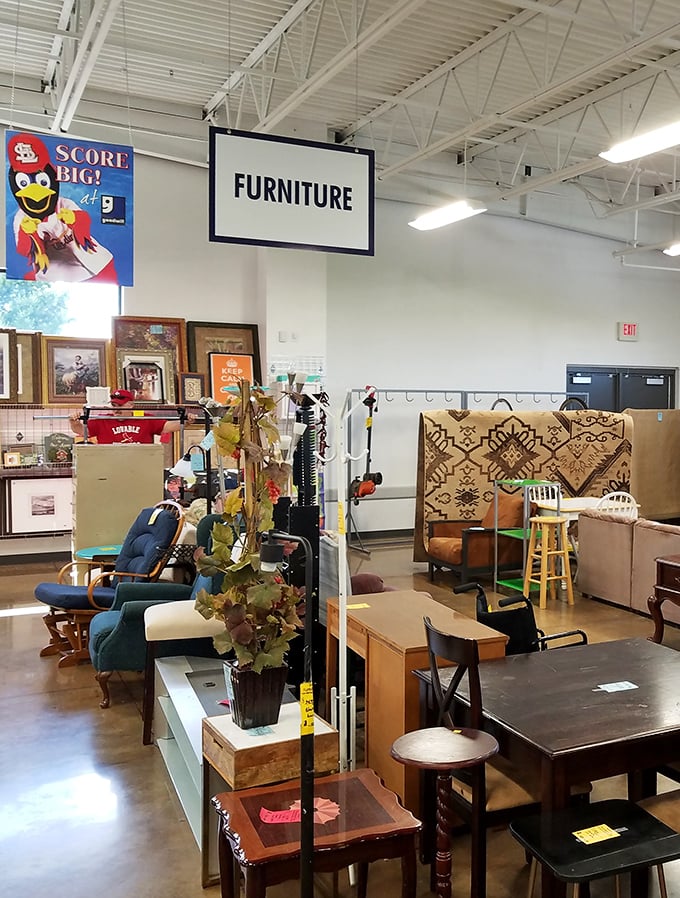 Furniture finds that span decades sit side by side, each piece silently whispering, "Take me home, I've got more life to give!"