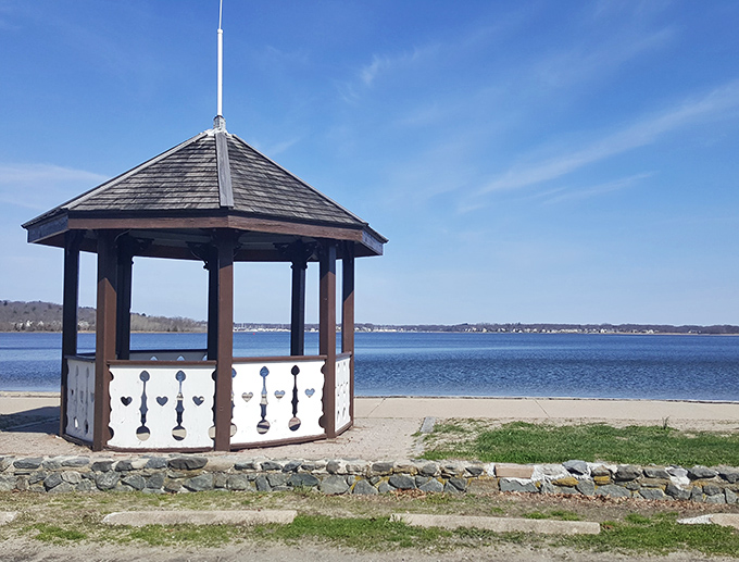 Seaside serenity: This charming gazebo overlooking Greenwich Bay has witnessed countless marriage proposals, family photos, and quiet moments of contemplation.