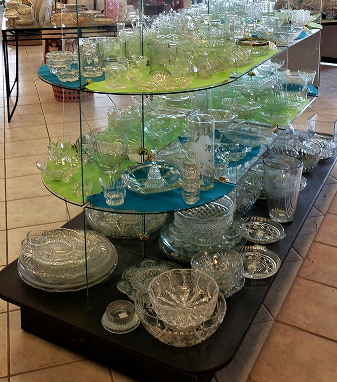 Crystal and glassware that would make your grandmother swoon, displayed with the reverence of museum pieces but priced like yard sale finds.