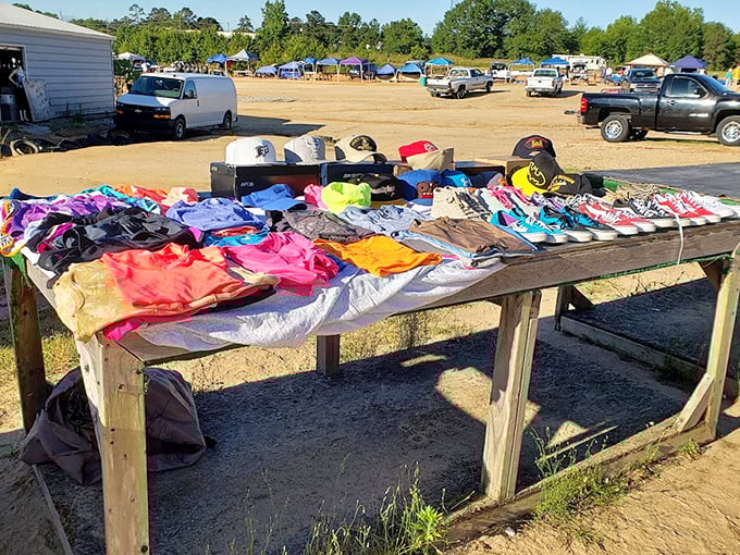 Rainbow explosion of fabrics and patterns! These clothing tables transform the humble flea market into a department store without the department store prices.