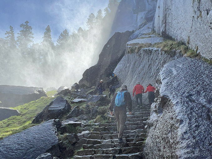 The famous Mist Trail steps: where hikers discover muscles they didn't know existed and rainbows they'll never forget.