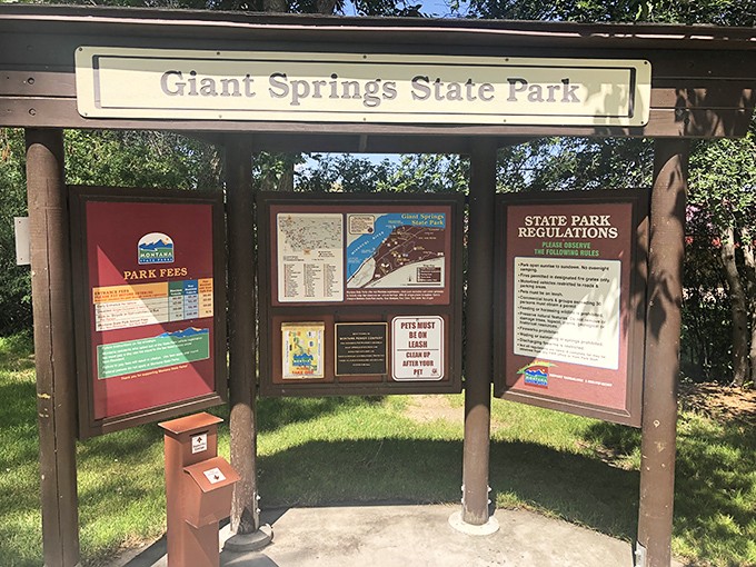 Information central for curious explorers. This rustic kiosk holds the secrets to Giant Springs' wonders, like a treasure map for nature enthusiasts.