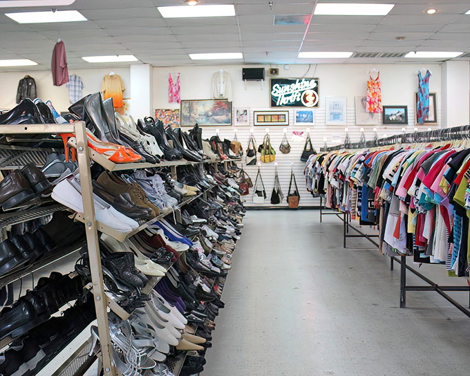 Rows upon rows of neatly arranged clothing create a textile labyrinth. Getting lost here isn't a problem—it's the entire point of the adventure.