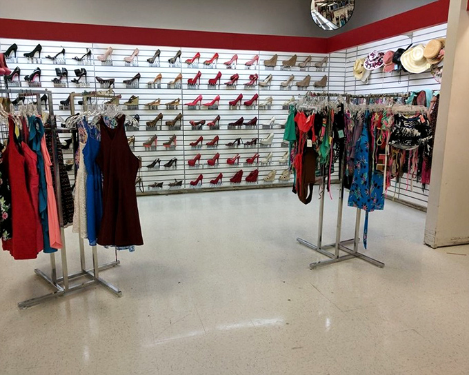 Heels, pumps, and party dresses await their next adventure. This corner feels like backstage at Fashion Week, if Fashion Week had miraculous prices.