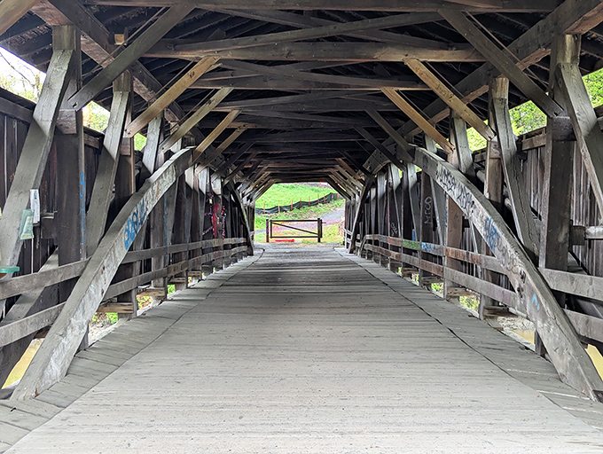 Inside reveals the skeleton of American ingenuity&mdash;wooden beams interlocked in a dance of function and beauty.