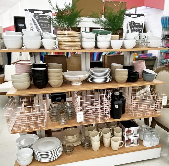 Minimalist meets vintage in this tableware display. Marie Kondo might not approve of bringing more home, but at these prices, joy is guaranteed!