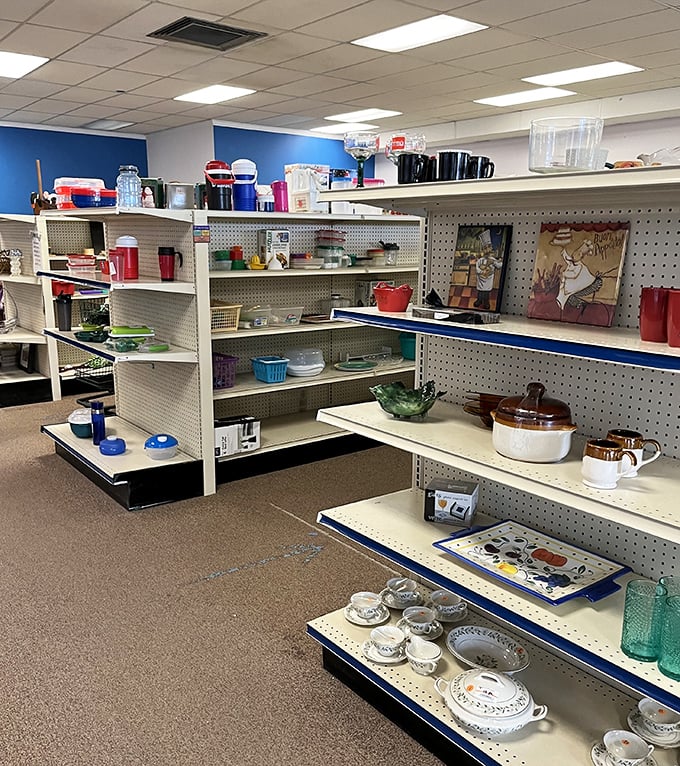 Kitchen dreams come true in the housewares section, where vintage Pyrex and practical cookware await their next culinary adventure.