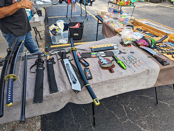 Not your average cutlery collection! From samurai-inspired blades to fantasy replicas, this table offers everything except a reasonable explanation to your spouse about why you "needed" it.