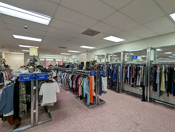 Rack after colorful rack of possibilities. In this clothing labyrinth, yesterday's impulse buys become tomorrow's favorite outfits at a fraction of the cost.