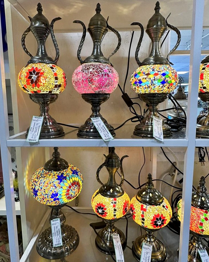 Turkish lamps casting rainbow shadows, proving that good lighting transcends centuries and continents alike.