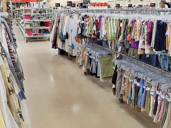 Navigate these clothing canyons with the spirit of an explorer. Each aisle promises fashion treasures from decades past and present.