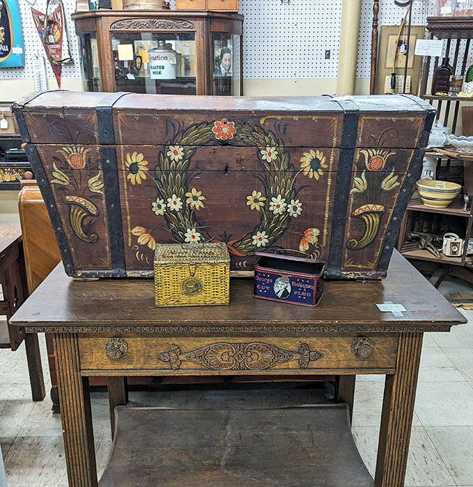 This hand-painted trunk isn't just furniture&mdash;it's someone's Atlantic crossing story, now waiting for its next chapter in your living room.