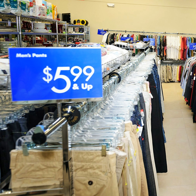 Pants paradise stretches as far as the eye can see. At $5.99, you could refresh your entire lower-half wardrobe for the price of one mall pair.
