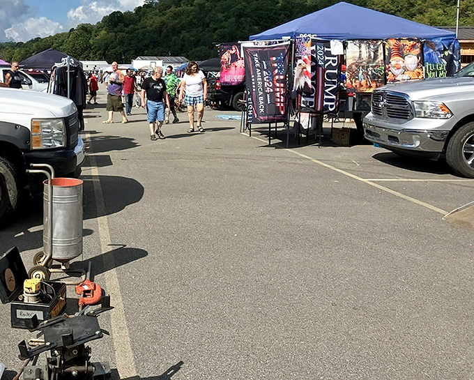 Rows of pickup trucks and colorful tents create the weekend's most eclectic neighborhood, where strangers become friends over shared discoveries.