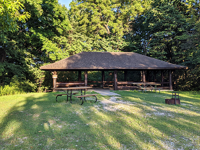 This rustic shelter practically begs for a family picnic or impromptu gathering. The forest dining room where squirrels provide the dinner entertainment.