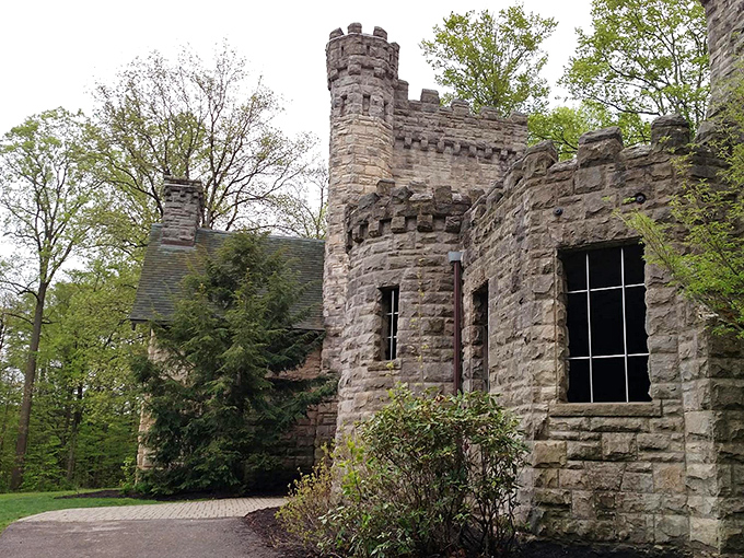 The castle's weathered stone exterior tells stories of bygone eras. If these walls could talk, they'd probably have a Midwestern accent.
