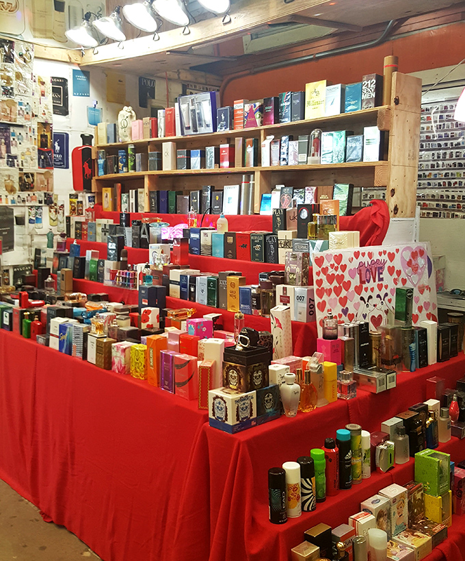 Fragrance boulevard! This perfume stand offers more scent options than a department store, without the intimidating salespeople.